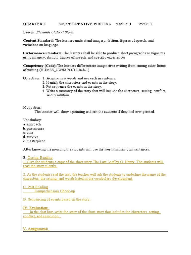 IV. Evaluation: in The Chat Box, Write The Story of The Short Story ...