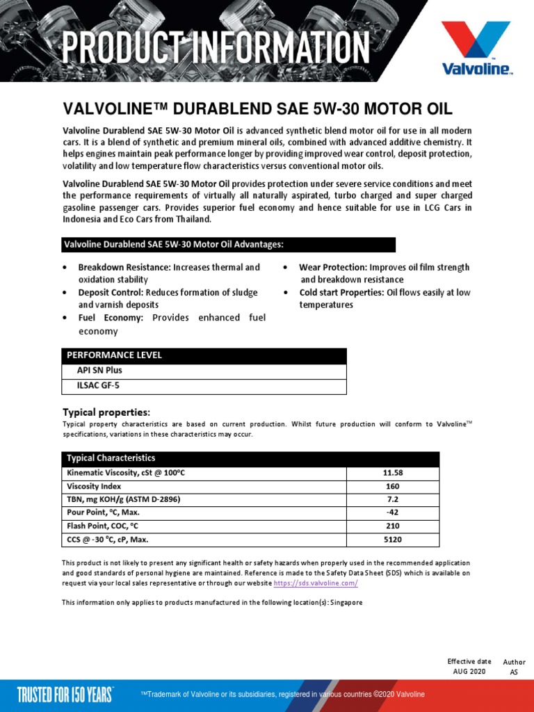 Durablend 5W-30 SN PLus | PDF | Motor Oil | Chemistry