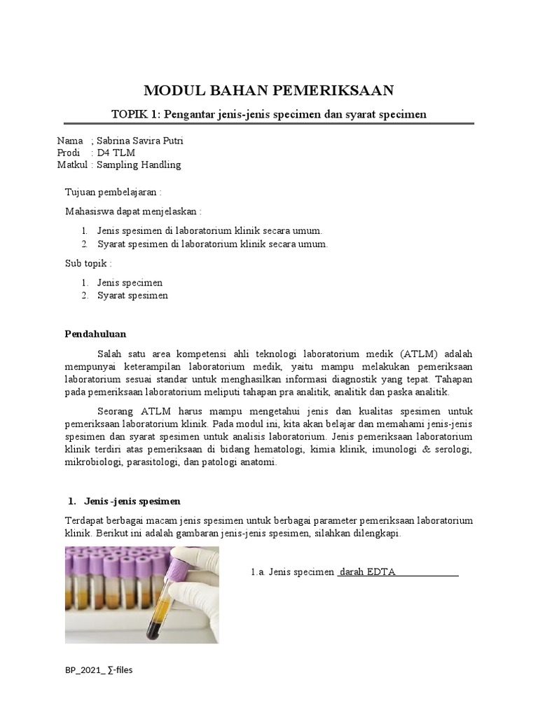 Jenis dan Syarat Spesimen Laboratorium | PDF | Sains & Matematika