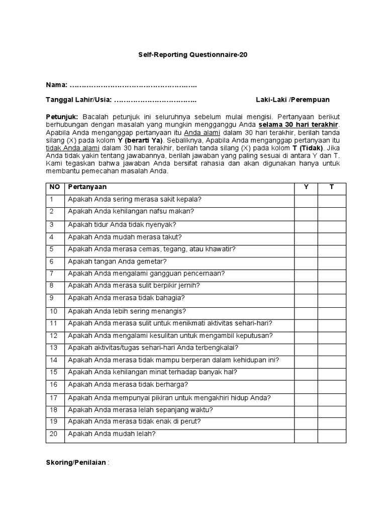 SRQ 20 Kuesioner Deteksi GME | PDF