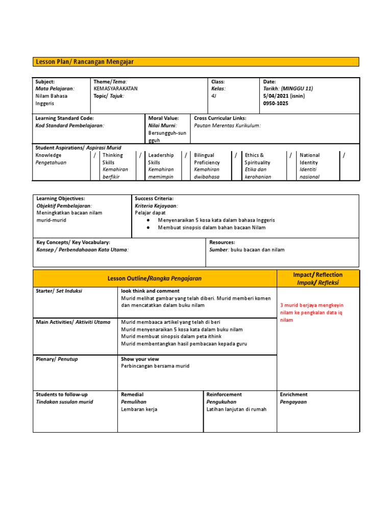 Lesson Plan/ Rancangan Mengajar: Mata Pelajaran: Kelas: Tarikh: (MINGGU ...