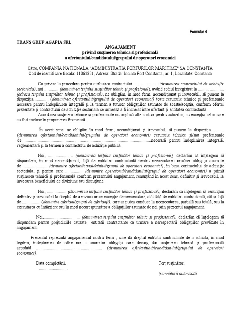 Formular 4 - Angajament Tert Sustinator | PDF