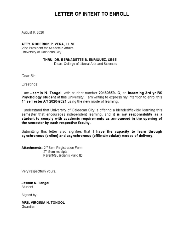 Letter of Intent to Enroll at UCC | PDF