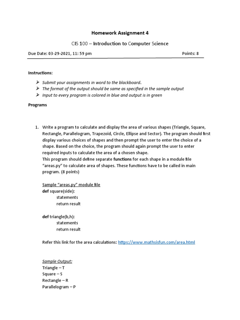 CIS 100 - Introduction To Computer Science: Homework Assignment 4 | PDF | Area | Computer Science