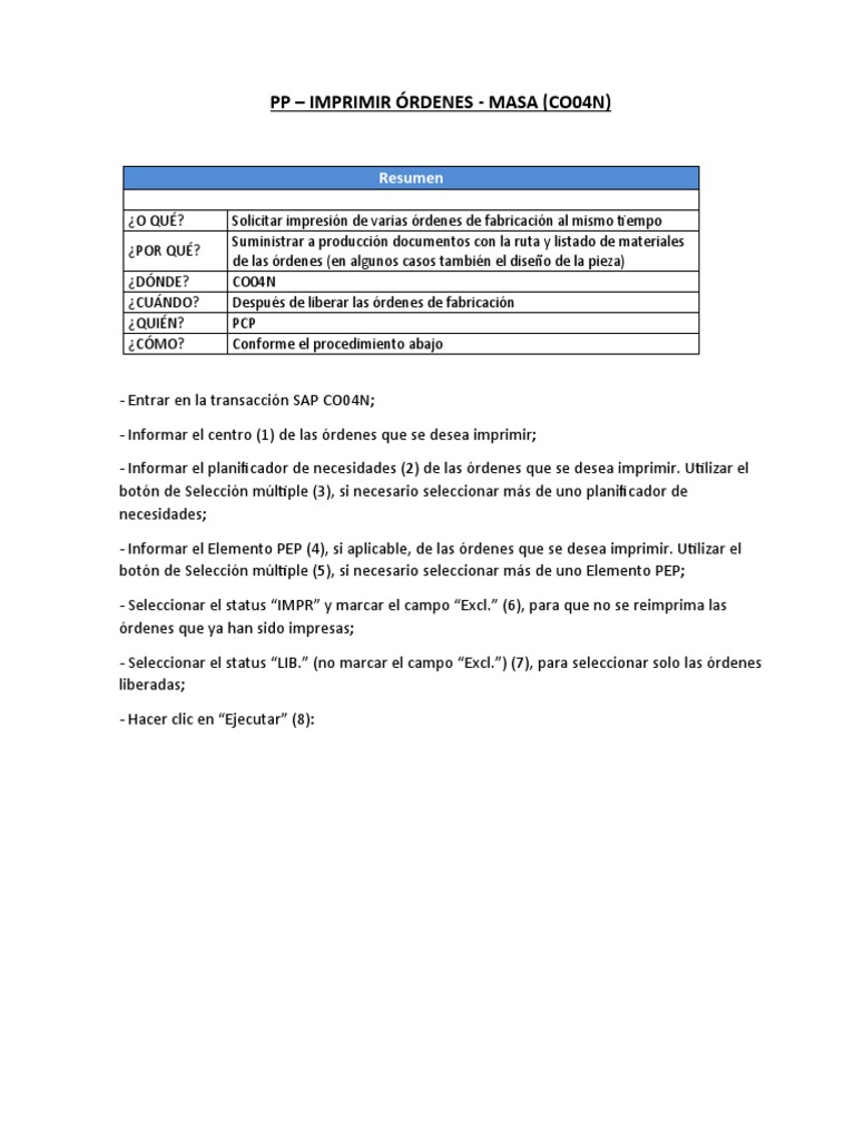 PP - Imprimir Órdenes - Masa (CO04N) | PDF