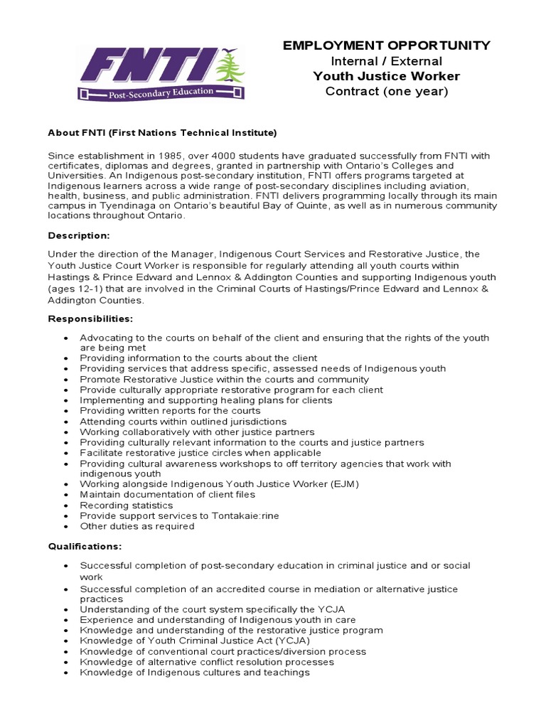 Youth Justice Worker - F.N.T.I (Contract - One Year) | PDF ...