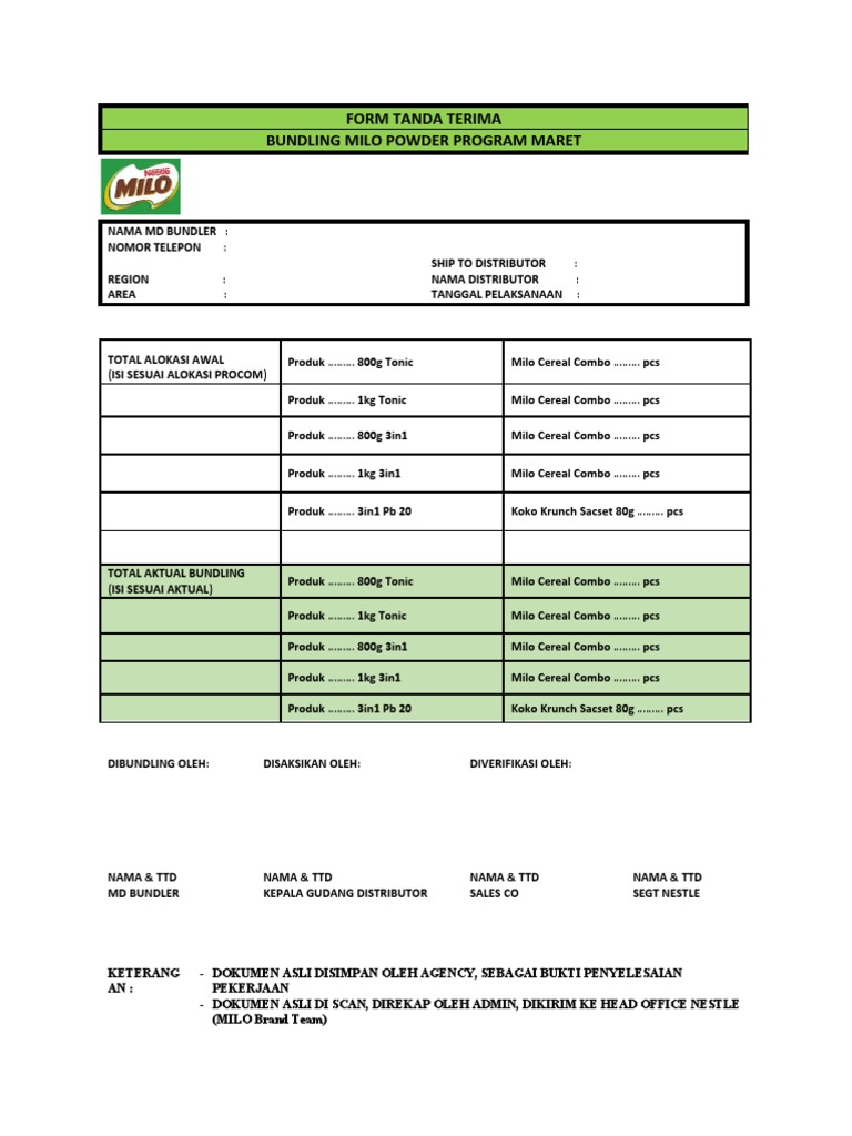 Form Tanda Terima Bundling Milo Powder - Maret | PDF