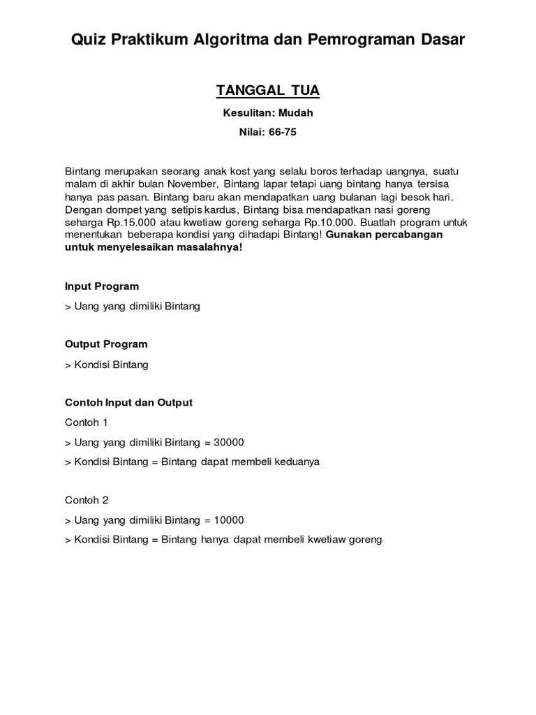 Soal Quiz Praktikum Algoritma Dan Pemrograman Dasar 2020 | PDF