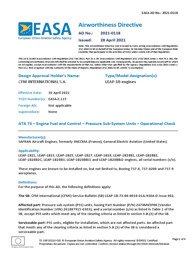 Airworthiness Directive: Design Approval Holder's Name: Type/Model ...