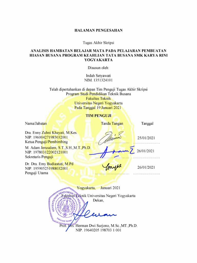 Contoh Halaman Pengesahan Tugas Akhir Skripsi UNY | PDF