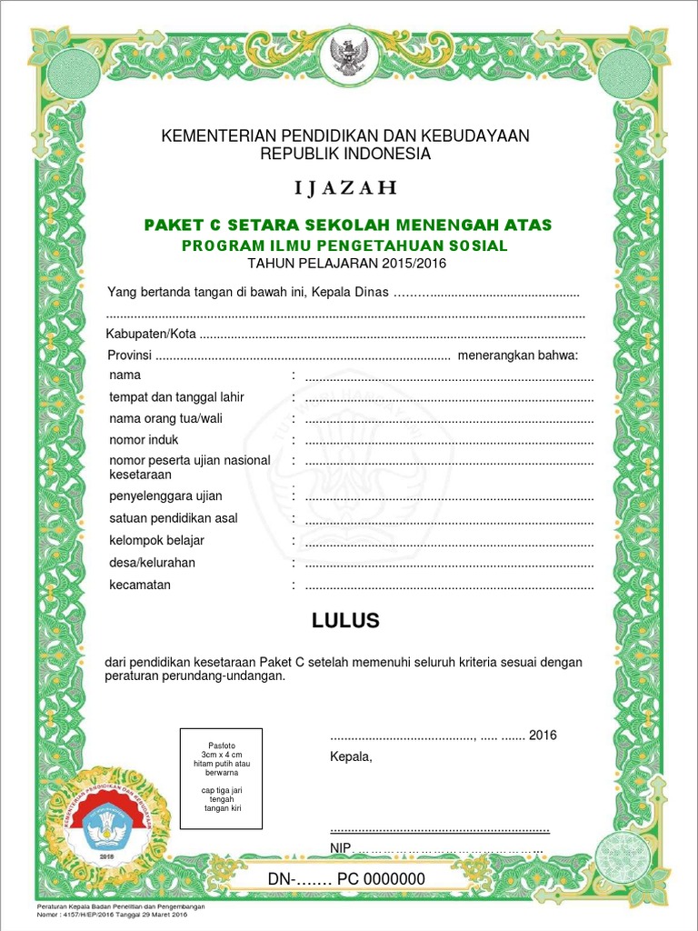 Ijazah Paket C Setara SMA 2016 | PDF