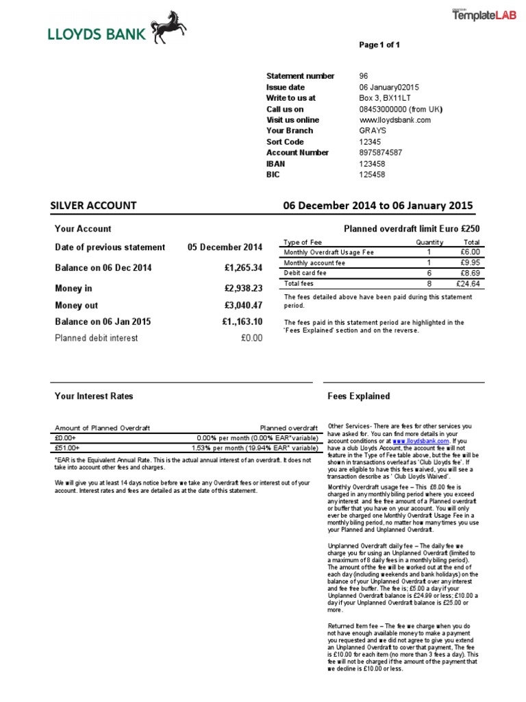 Lloyds Bank Statement | PDF | Overdraft | Fee