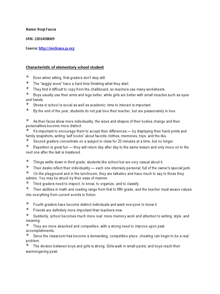 Characteristics of Elementary Students | PDF | Psychology | Human Nature
