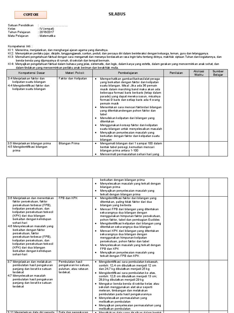 Contoh Silabus Matematika Kelas IV | PDF