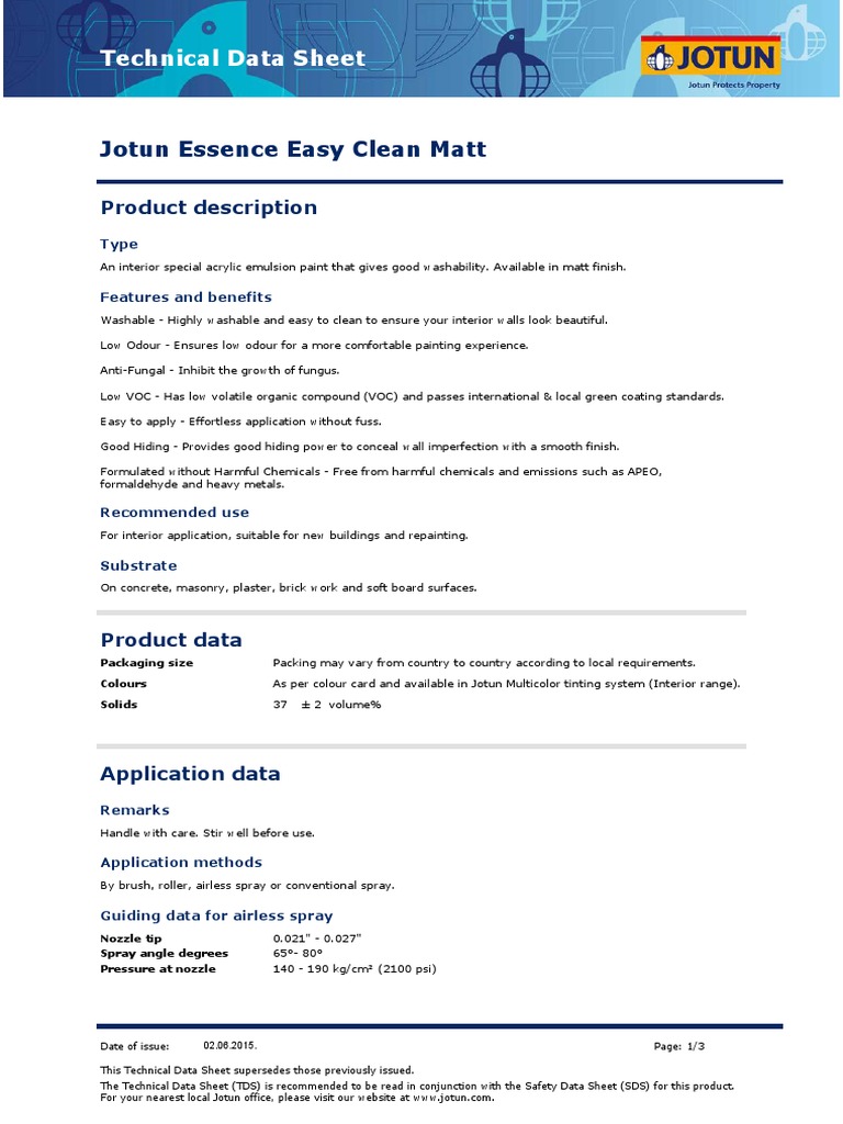 Jotun Essence Easy Clean Matt TDS | PDF | Paint | Ventilation ...