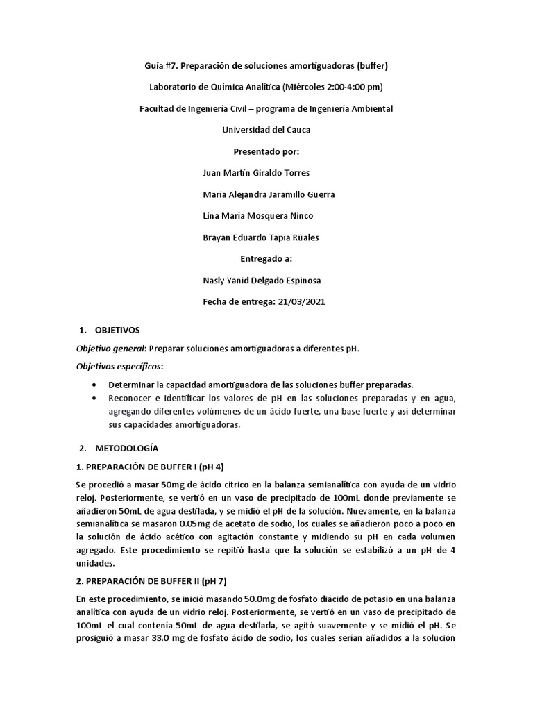 Laboratorio #7 Buffer | PDF | Solución tampón | Ph