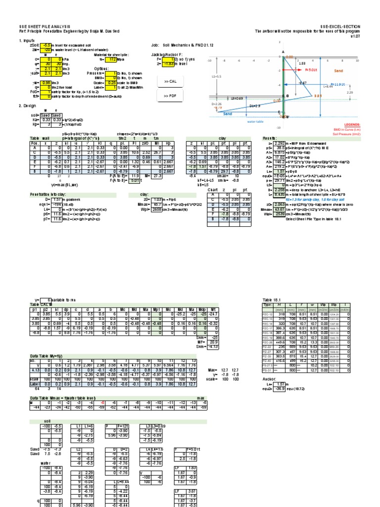 SSE Sheet Pile Analysis Sheet v1.09 | PDF | Mechanical Engineering ...