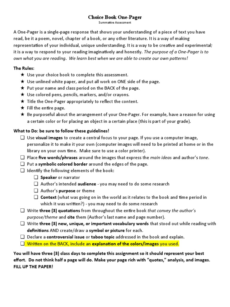 One-Pager Assessment Guidelines | PDF | Books | Vocabulary