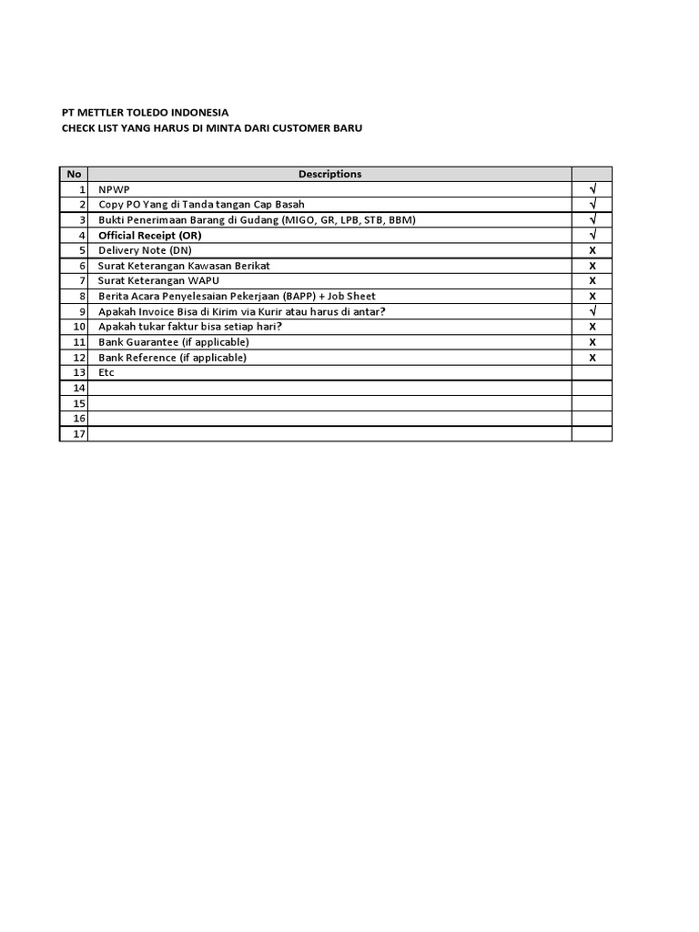 Checklist Item Untuk Customer Baru | PDF
