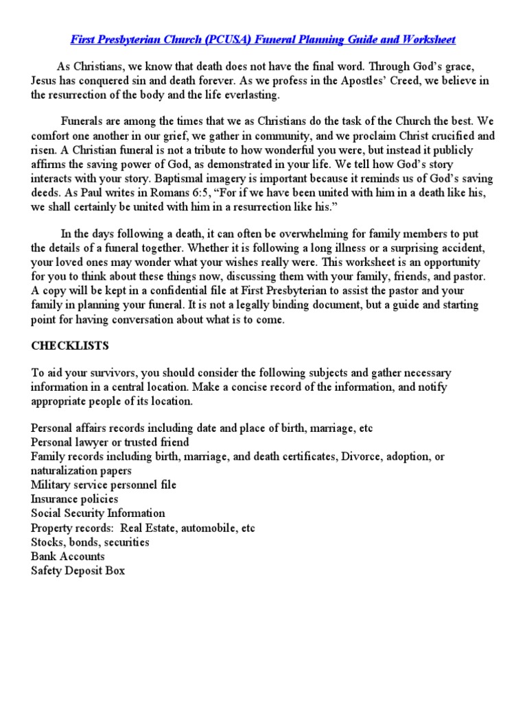 First Presbyterian Church (PCUSA) Funeral Planning Guide and Worksheet ...
