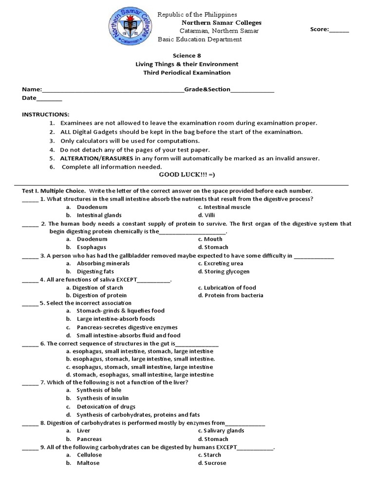 3rd Periodical Exam Science 8 | PDF | Digestion | Human Digestive System