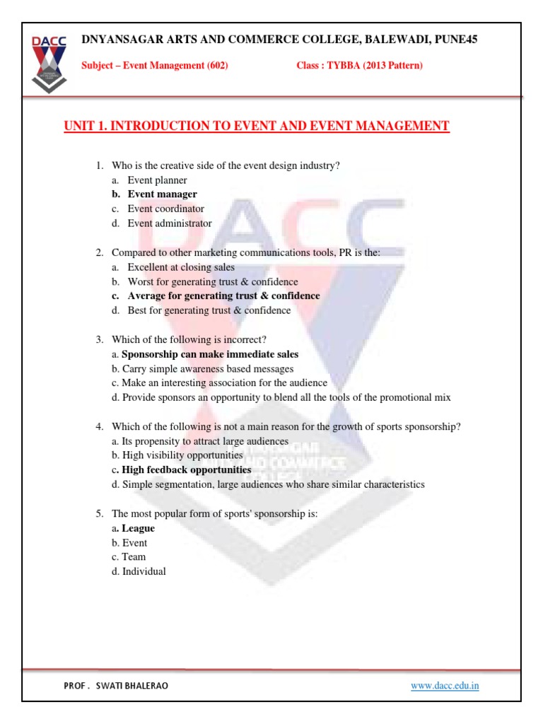 Unit 1. Introduction To Event and Event Management: Dnyansagar Arts and ...