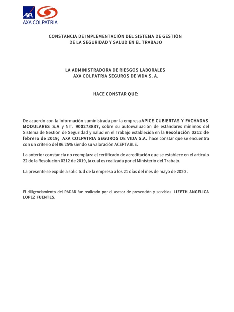 ARL AXA COLPATRIA - Constancia - 0312 - NIT - 900273837 | PDF