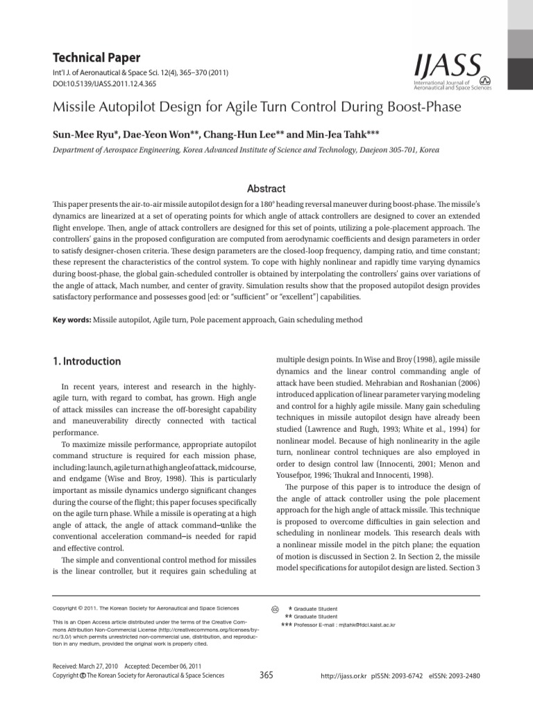 Missile Autopilot Design For Agile Turn Control During Boost-Phase | PDF | Equations Of Motion ...