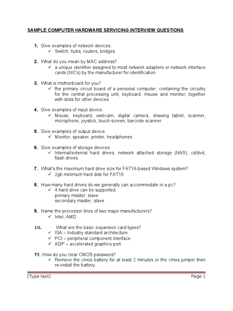 Sample Computer Hardware Servicing Interview Questions-A | PDF ...