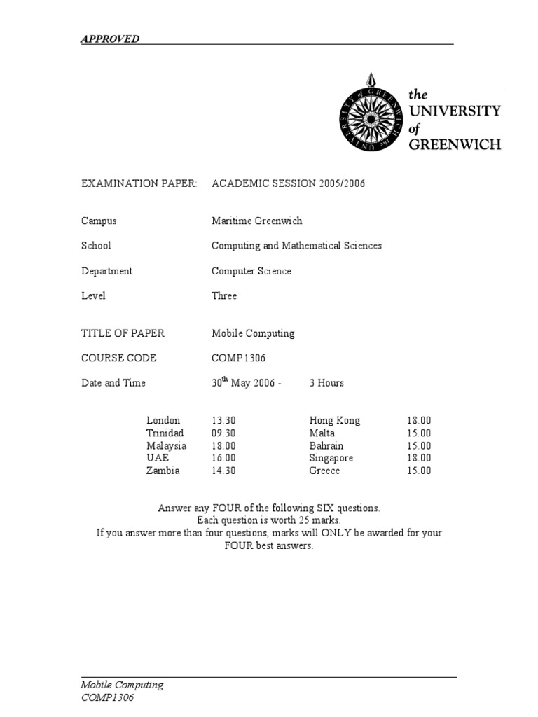 Sample Of Mobile Computing Exam June 2006 Uk University Bsc Final