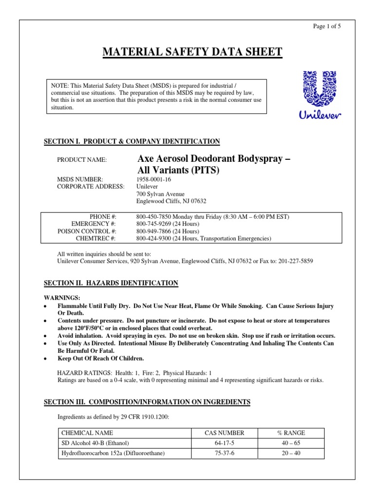 Axe Aerosol Safety Data Sheet | PDF | Dangerous Goods | Hazardous Waste