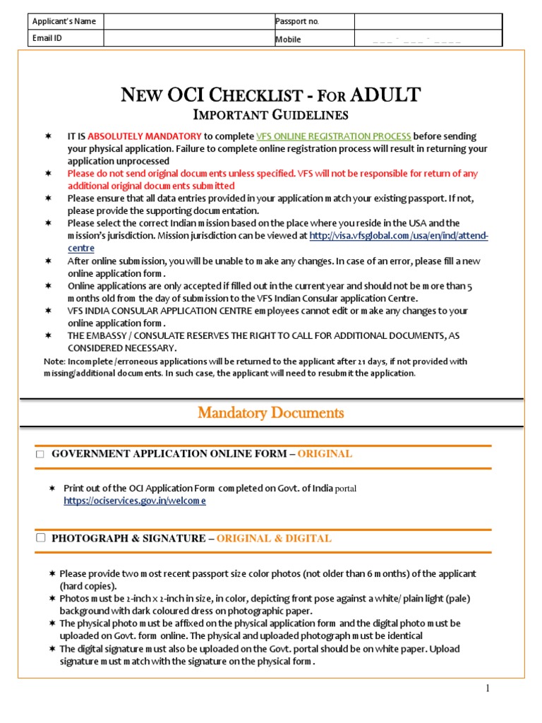 New Oci Checklist For Adult | PDF | Nationality Law | International Law