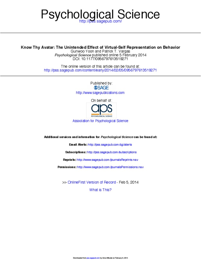 Psychological Science: Know Thy Avatar: The Unintended Effect of ...