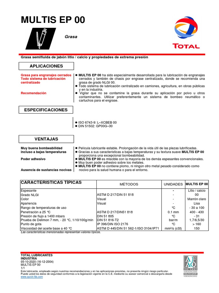 TDS - Total - Multis Ep 00 - 0xe - 202010 - Es - Esp | PDF | Lubricante ...