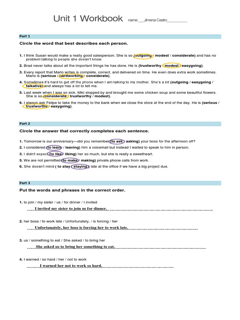 11tha Workbook Unit 1 Jimena Castro | PDF