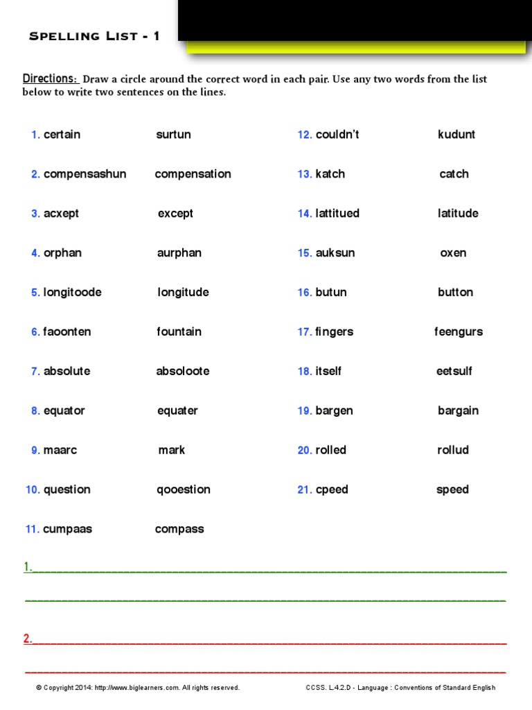Spelling List - 1: Directions | PDF