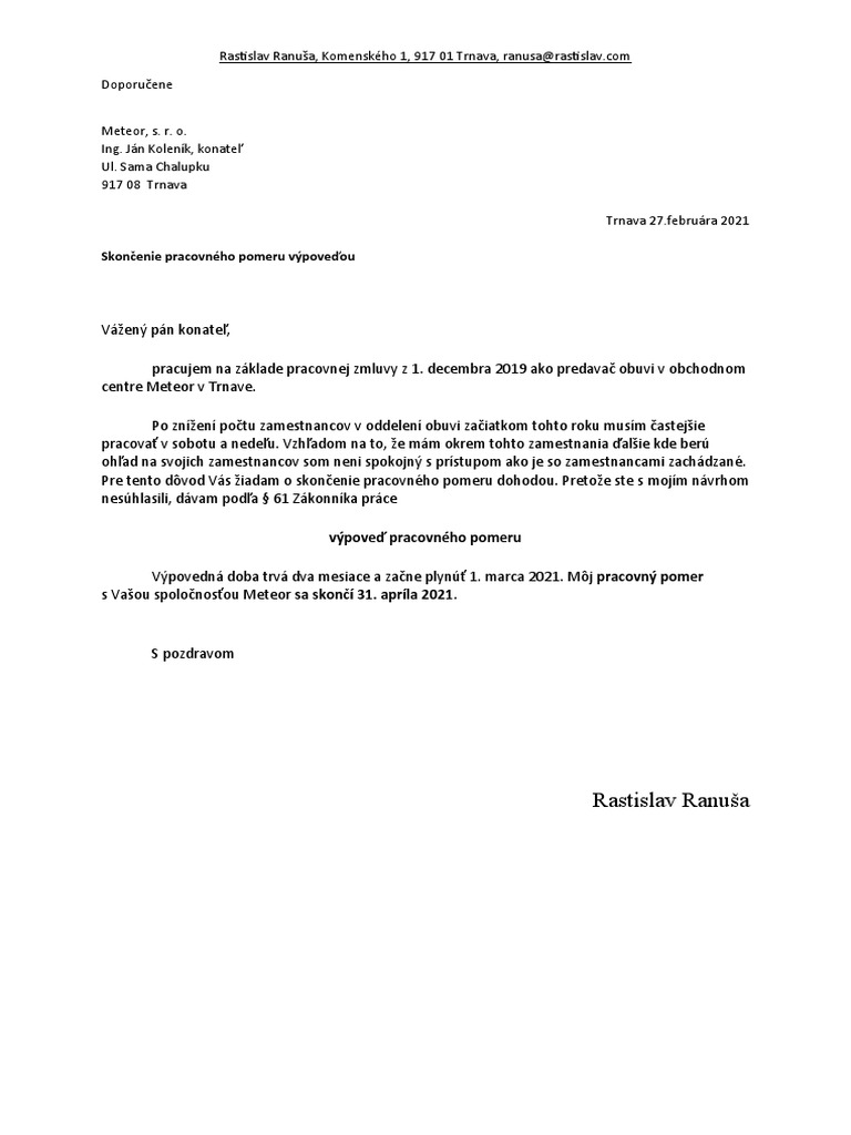 Výpoveď Pracovného Pomeru - VZOR | PDF