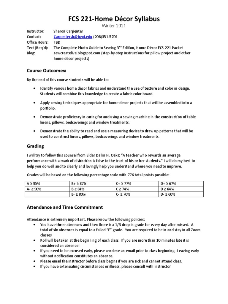 FCS 221-Home Décor Syllabus: Course Outcomes | PDF | Embroidery