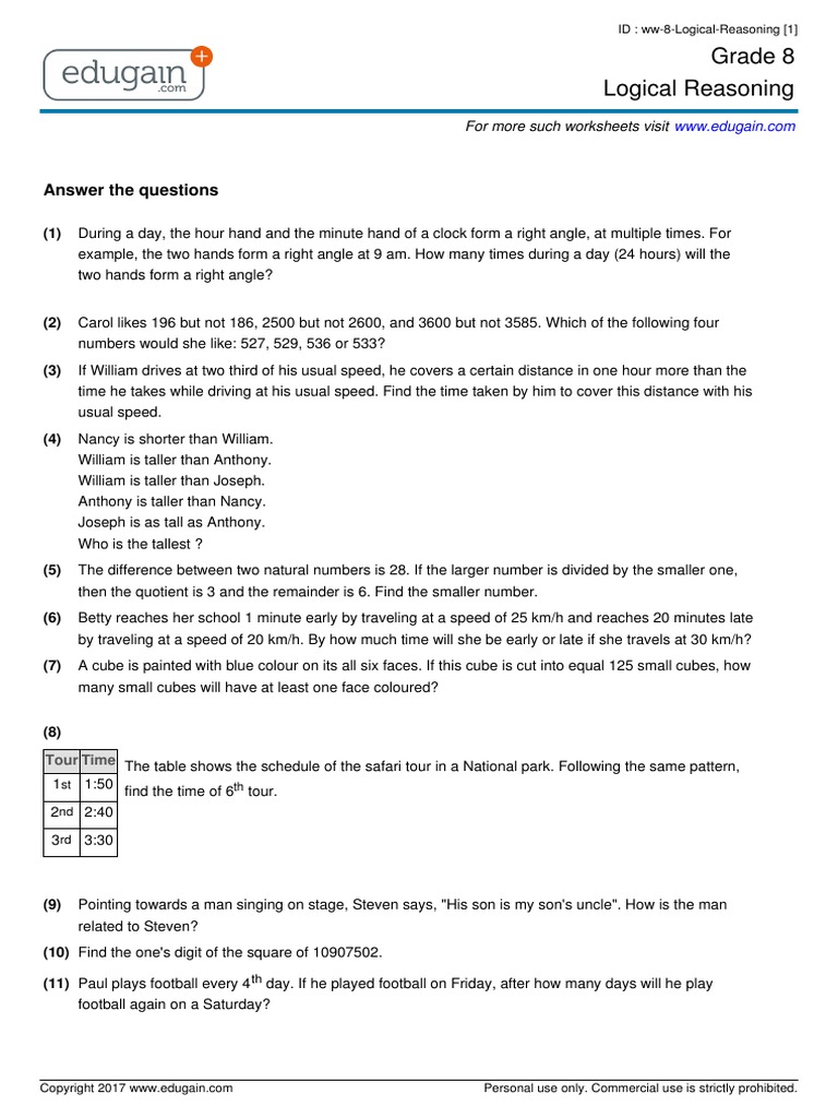 Grade 8 Logical Reasoning: Answer The Questions | PDF | Speed ...