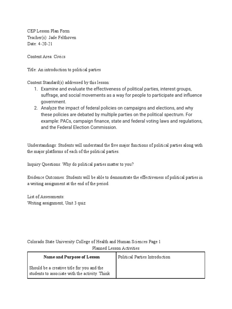 Political Parties Lesson Plan | PDF | Lesson Plan | Policy