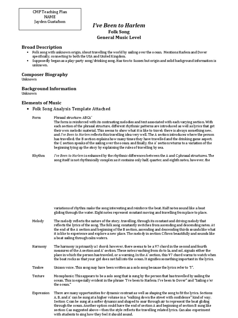 CMP Analysis - Ive Been To Harlem | PDF | Rhythm | Singing