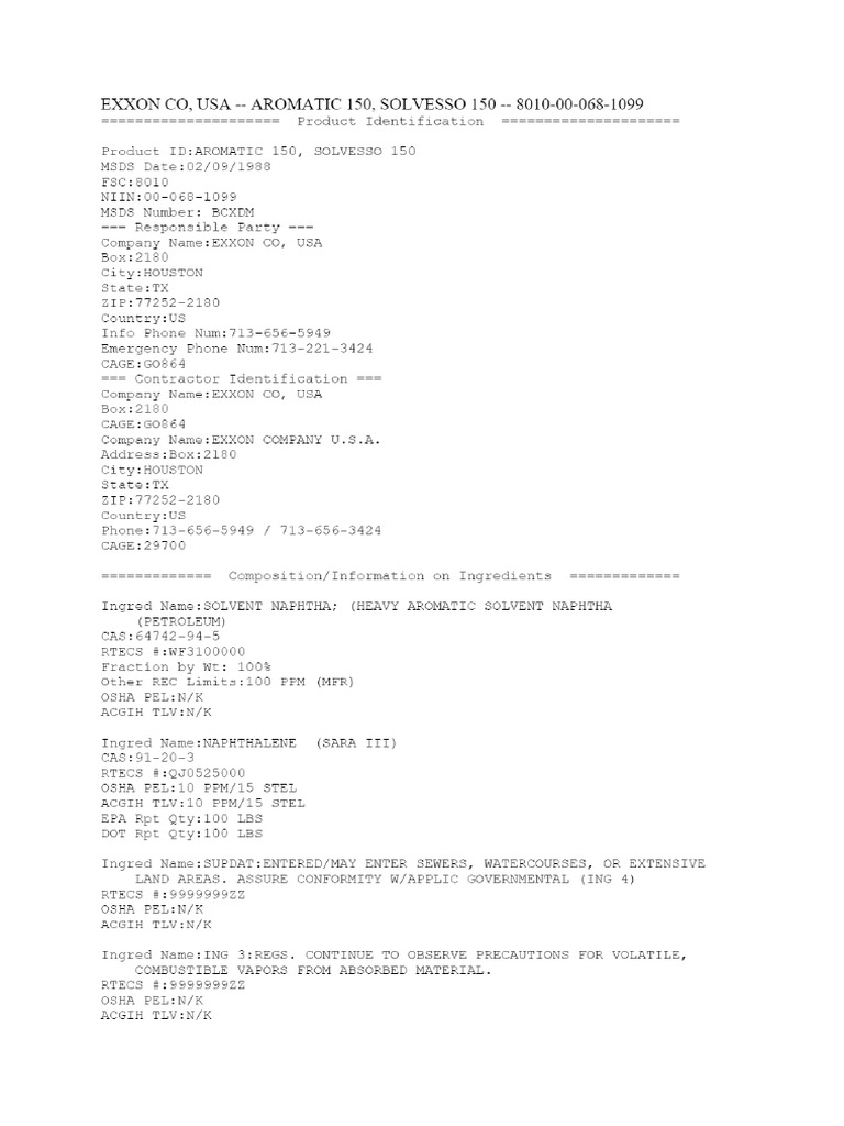 Sds Aromatic 150, Solvesso 150 | PDF