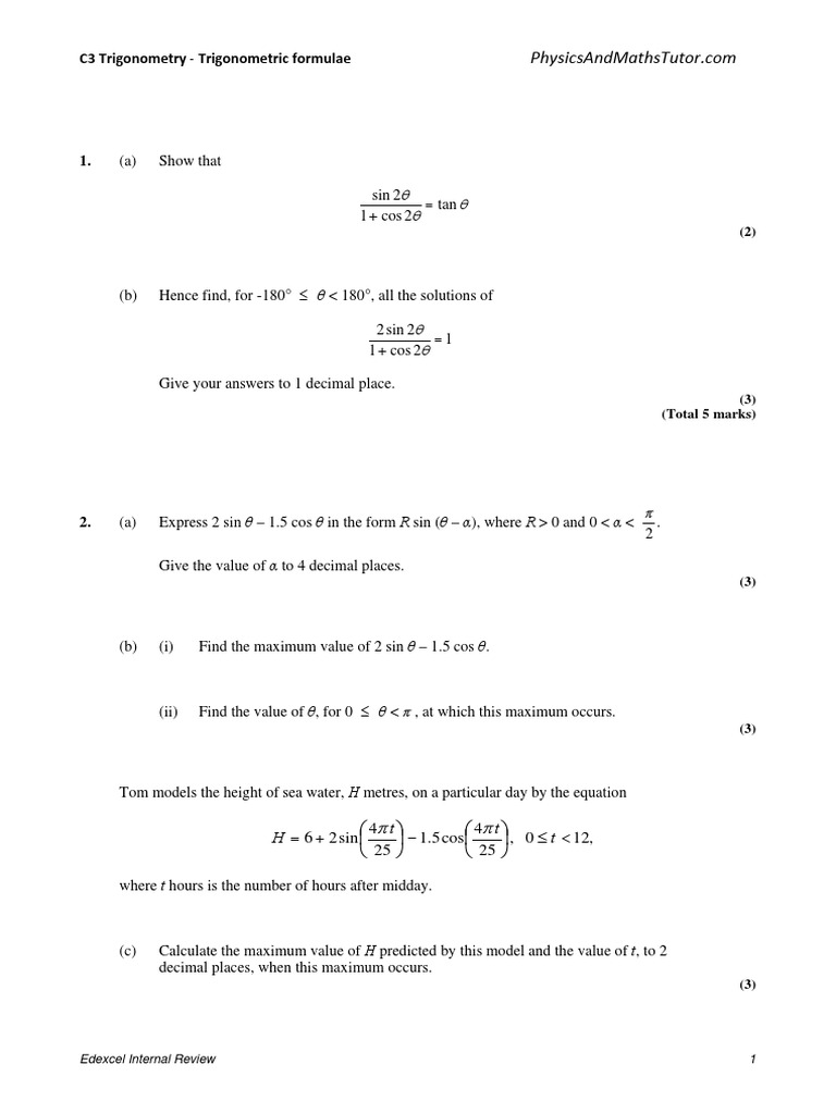 C3 Trigonometry - Trigonometric Formulae: T T T H | PDF | Sine ...