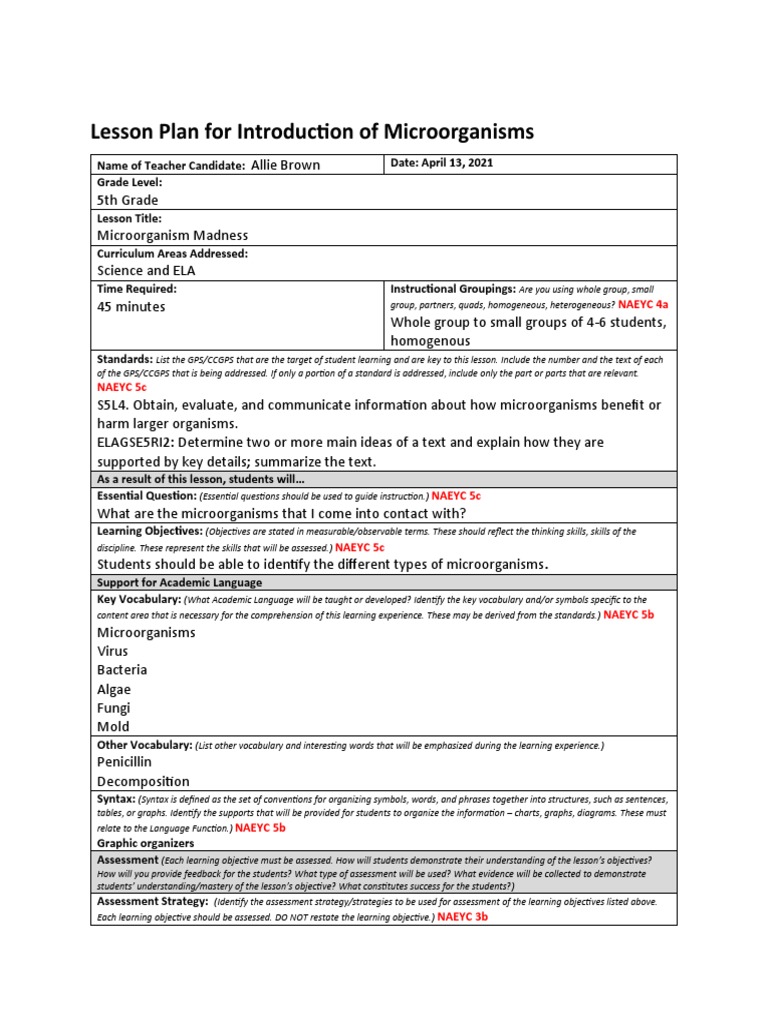 Lesson Plan For Introduction of Microorganisms: Naeyc 4A | PDF ...