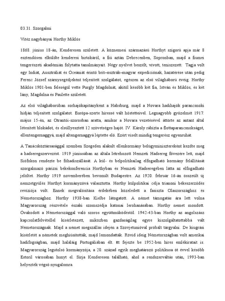 Horthy Miklós Önéletrajz | PDF