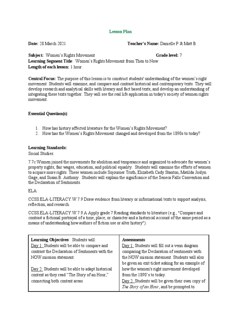 Lesson Plan: The Story of An Hour, and Be Prompted To | PDF | Reading ...