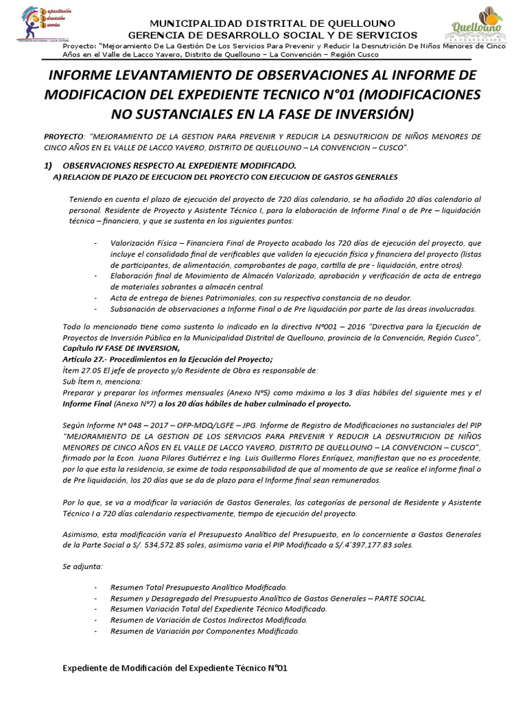 INFORME LEVANTAMIENTO DE OBSERVACIONES AL INFORME DE MODIFICACION DEL EXPEDIENTE TECNICO N ...