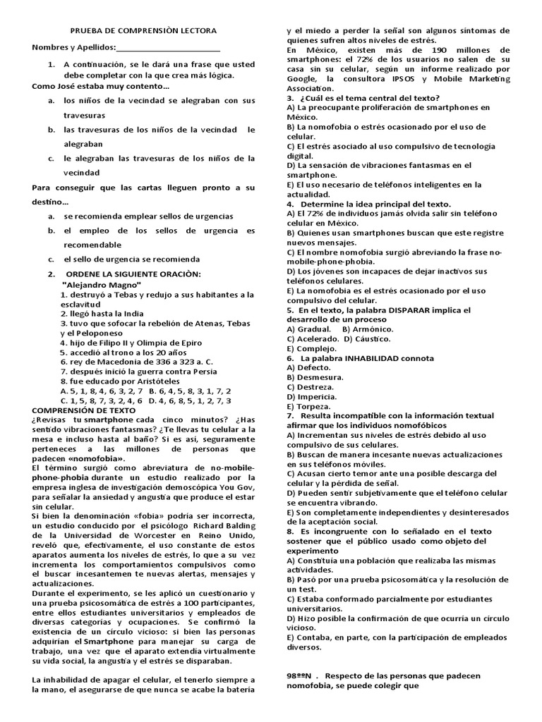 Prueba de Comprensiòn Lectora | PDF | Teléfonos móviles | Smartphone