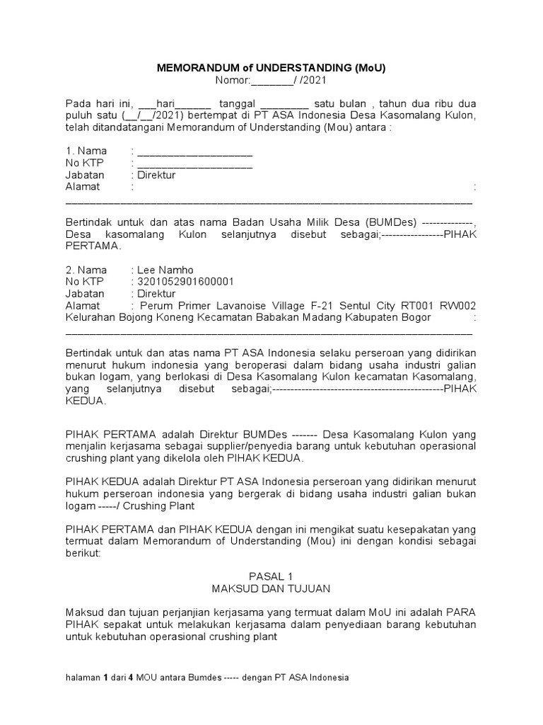 Memorandum of Understanding PT Asai Dan Bumdes | PDF | Hukum