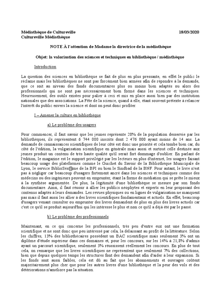 Note de Synthèse - Exemple de Note À L'intention D'une Directrice de ...